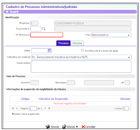 Cadastro de Processos Administrativos Judiciais – Ahreas